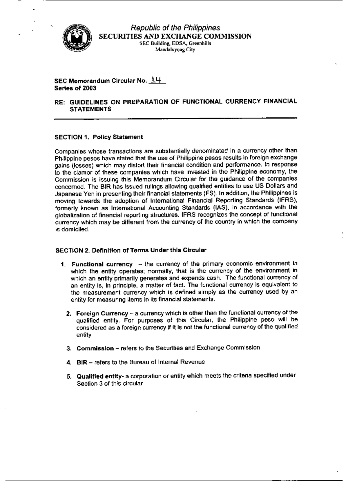2003 MCno14 Change OF Functional Currency - Bachelor of Science in ...