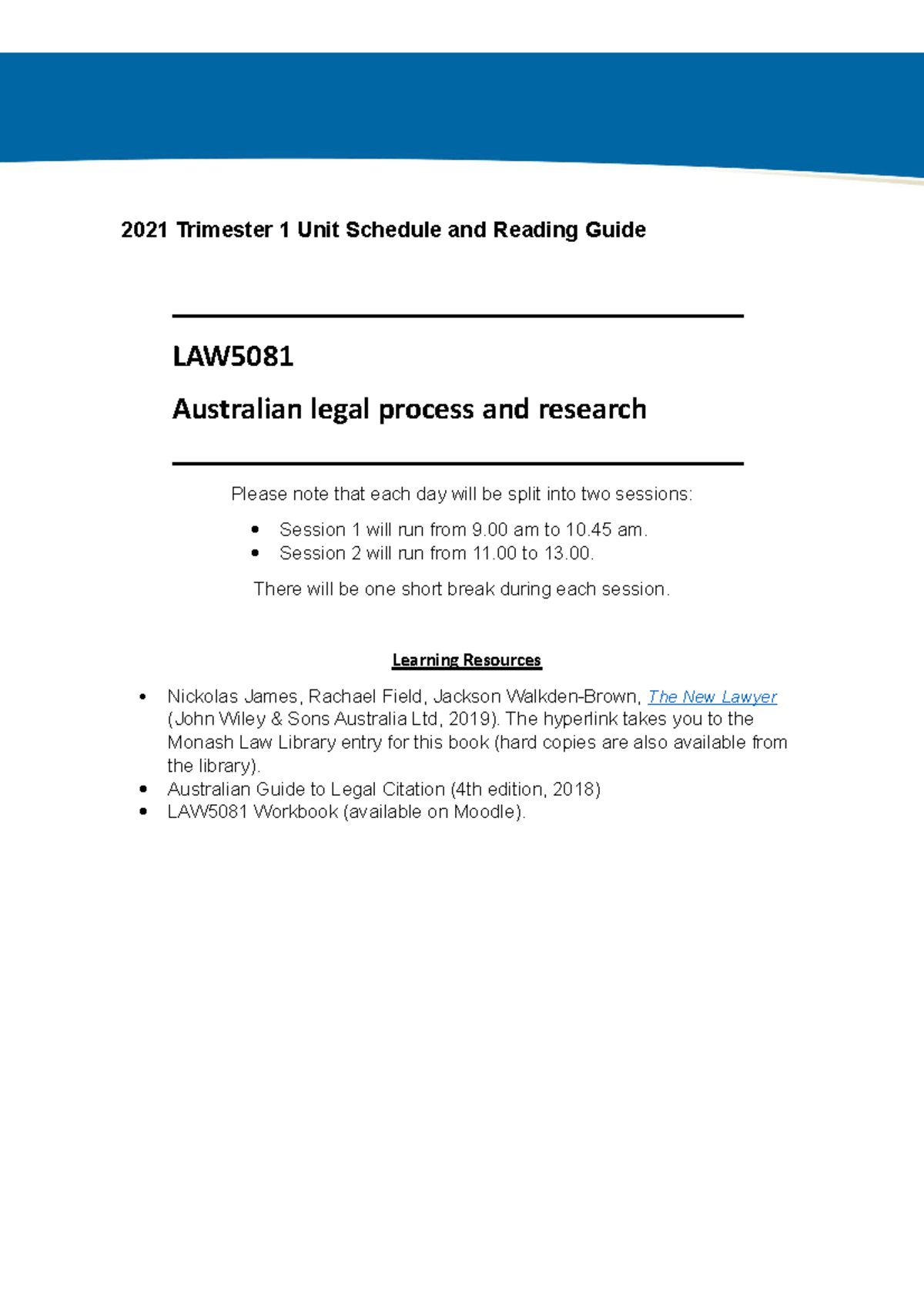 LAW5081 2021 Trimester 1 Unit Schedule and Reading Guide - 2021 ...
