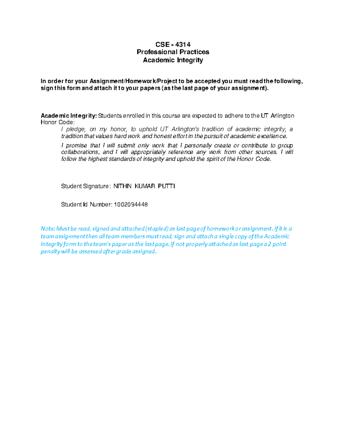 Academic Integrity Form - CSE - 4314 Professional Practices Academic Integrity In orde r for ...