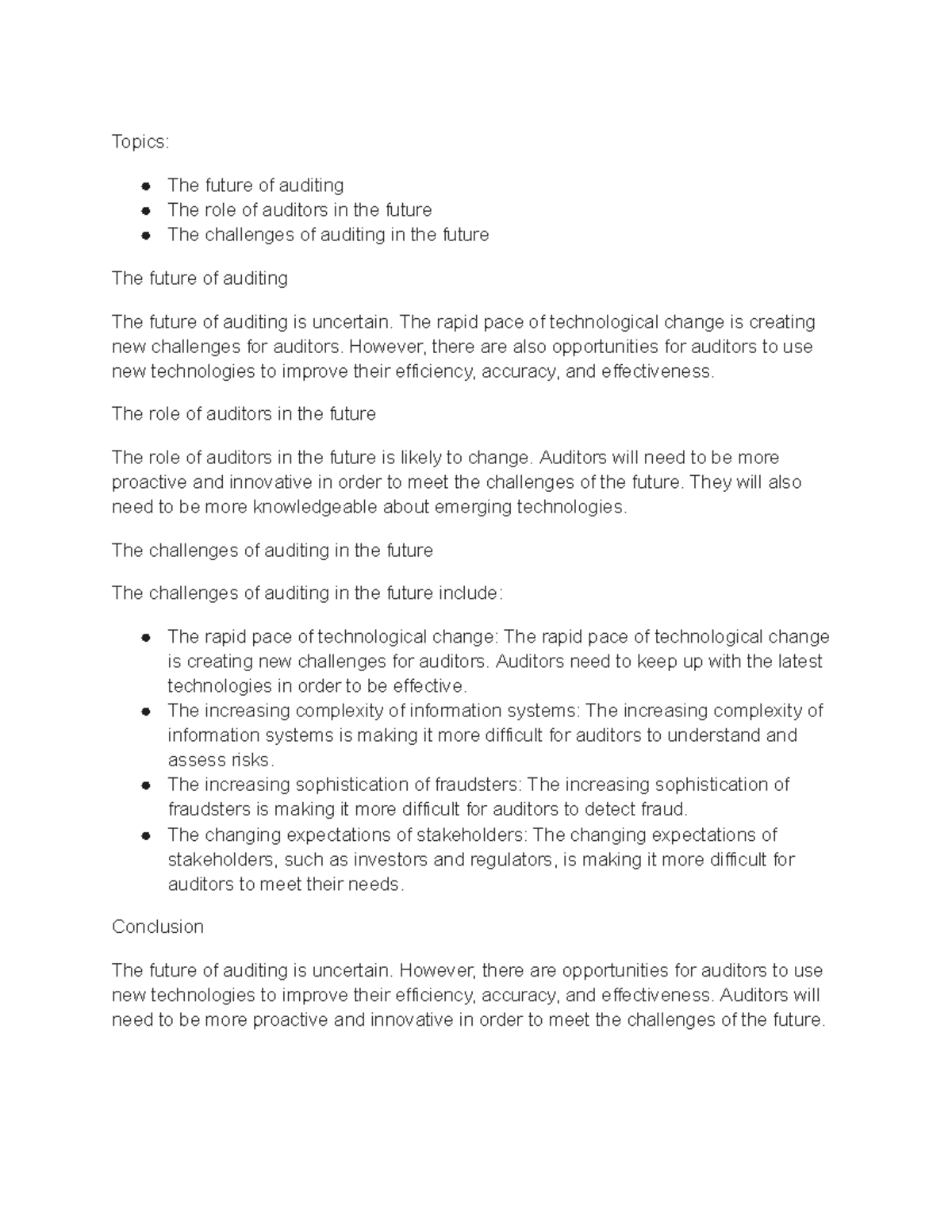 Auditing Information Systems The Future Of Auditing Topics The Future Of Auditing The Role Of