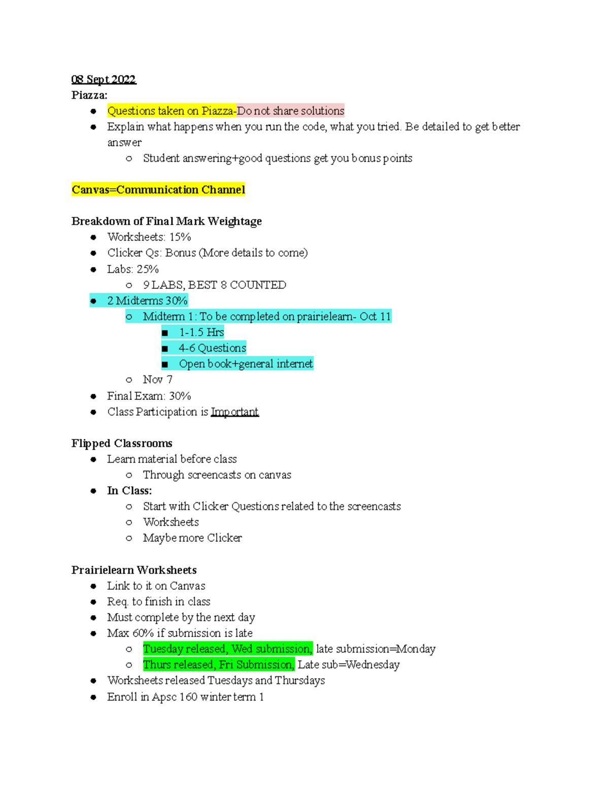 APSC160 Notes - 08 Sept 2022 Piazza: Questions taken on Piazza-Do not ...