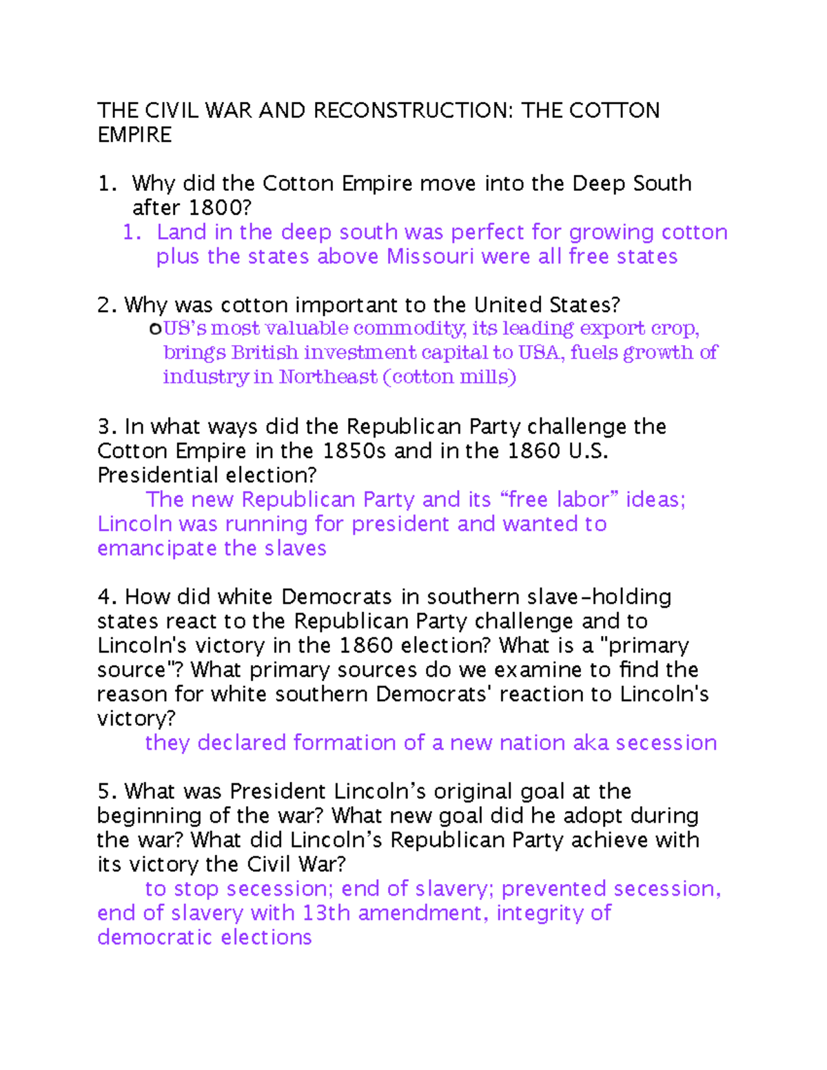 History Exam 1 Review Questions - THE CIVIL WAR AND RECONSTRUCTION: THE ...