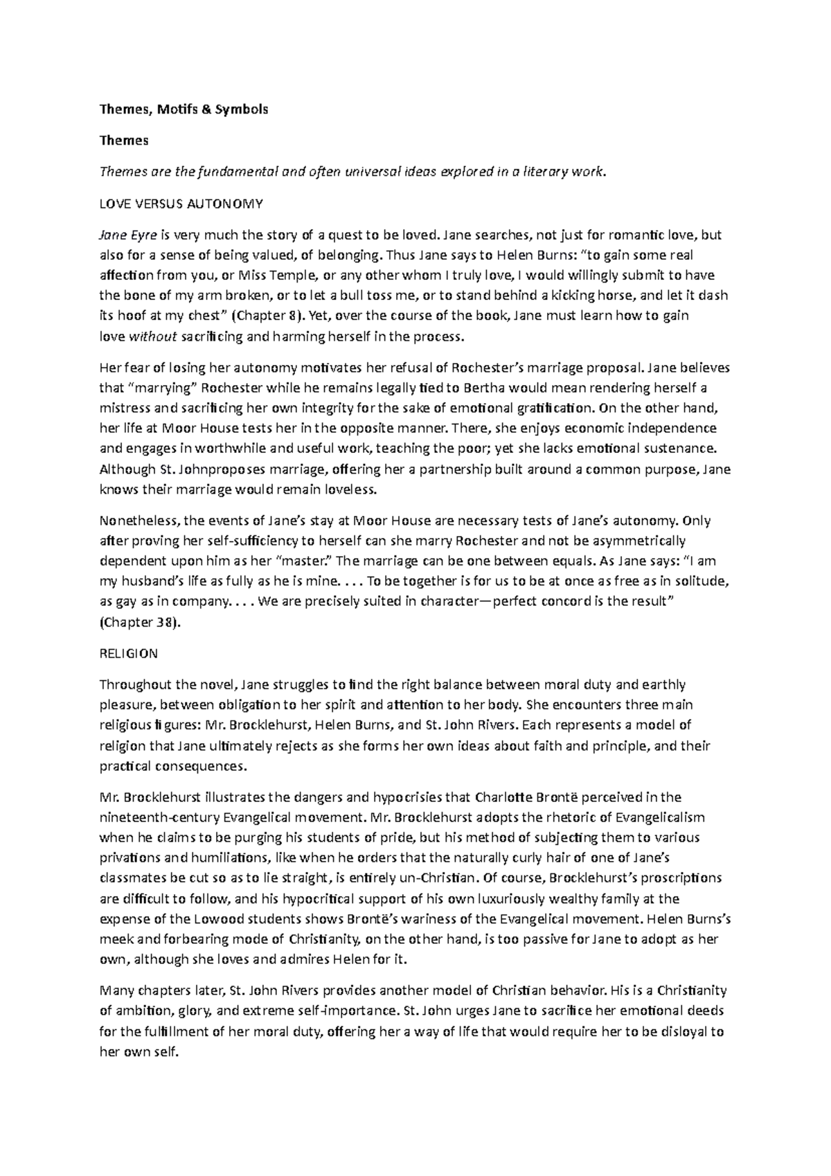 Themes, Motifs Symbols - LOVE VERSUS AUTONOMY Jane Eyre is very much ...