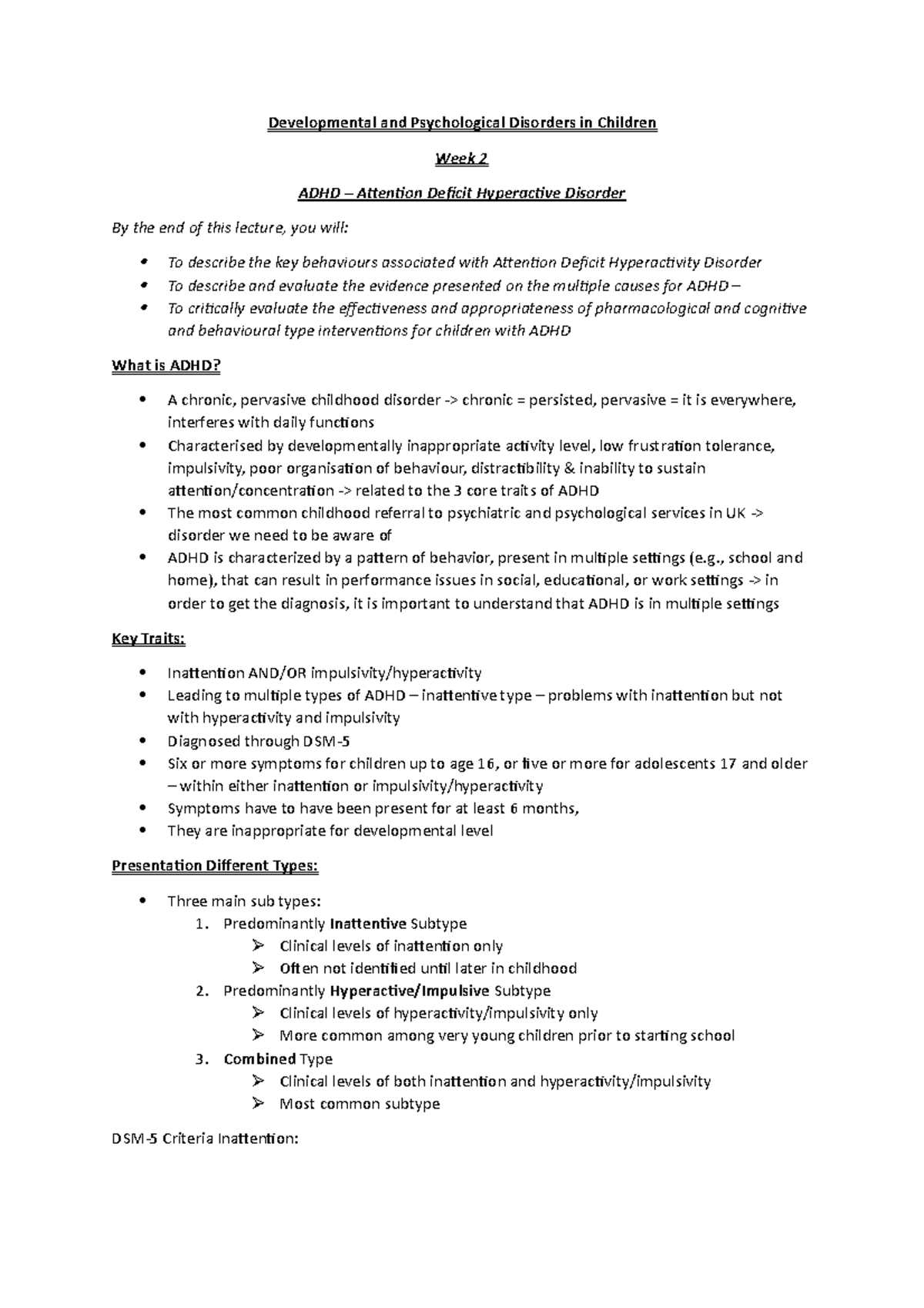 ADHD - Lecture notes 3 - Developmental and Psychological Disorders in ...