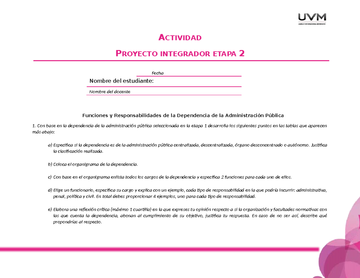 Proyecto integrador etapa 2 - ACTIVIDAD PROYECTO INTEGRADOR ETAPA 2 Fecha Nombre del docente ...