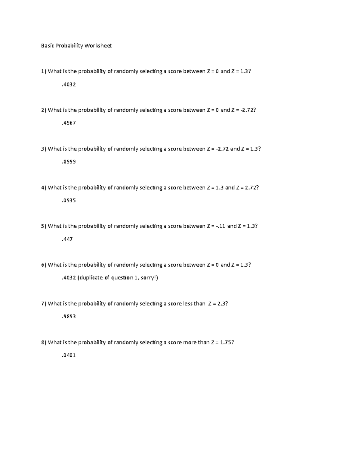 9 28 Worksheet Key - Basic Probability Worksheet What is the ...