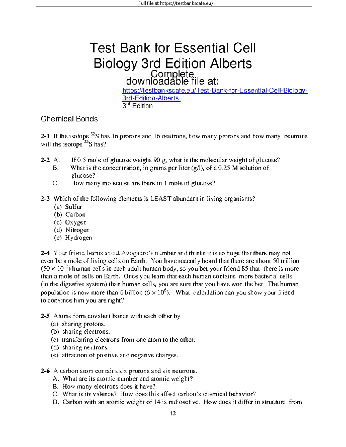 Ch 02. Test Bank for Essential Cell Biology 3rd Edition Alberts - Test ...