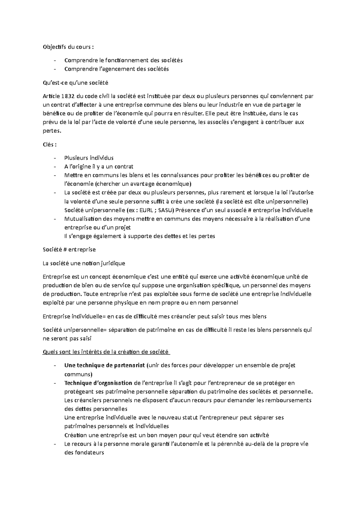 Chapitre 1 - note de cours droit société - Objectifs du cours ...