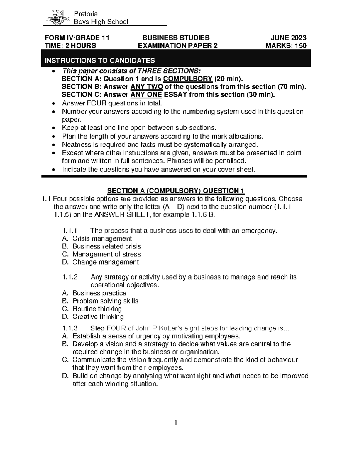 Form 4 Business Studies Paper 2 June 2023 - Pretoria Boys High School ...