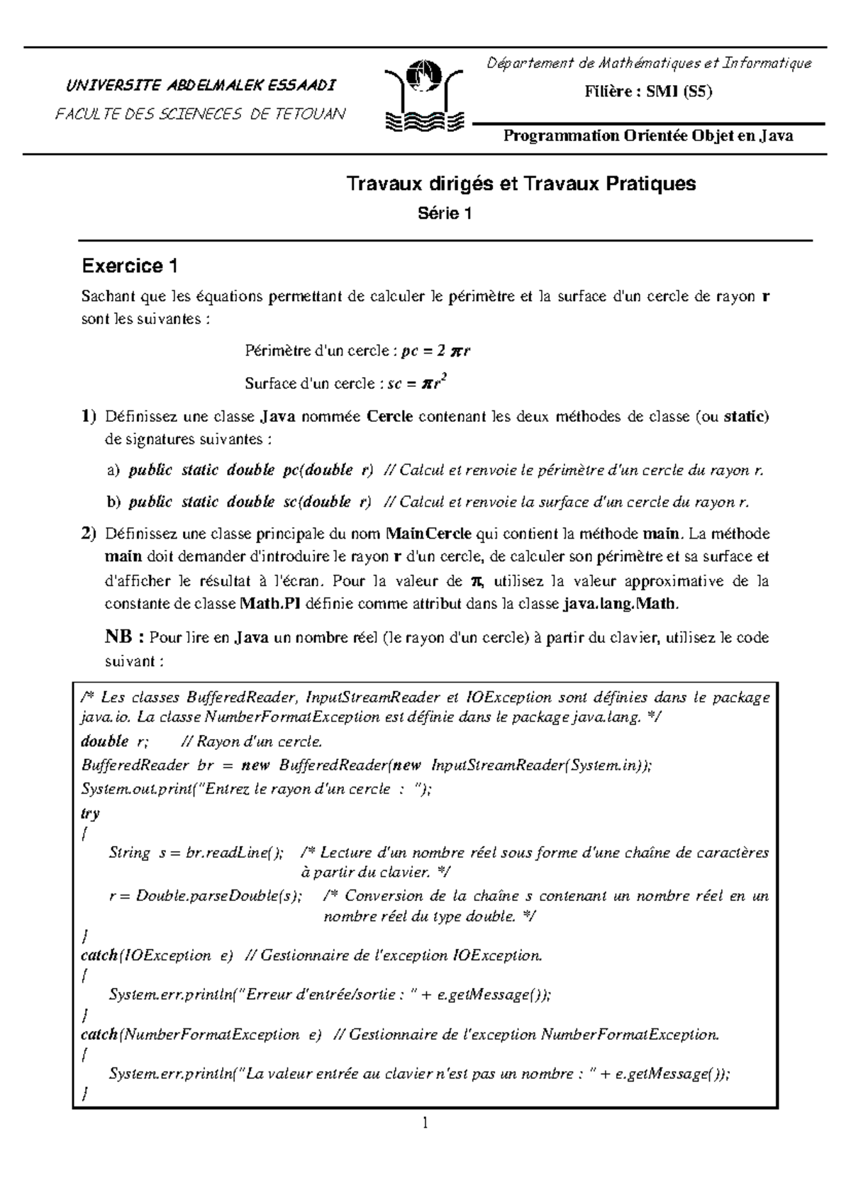 TD Série 1 - java - 1 Travaux dirigés et Travaux Pratiques Série 1 ...