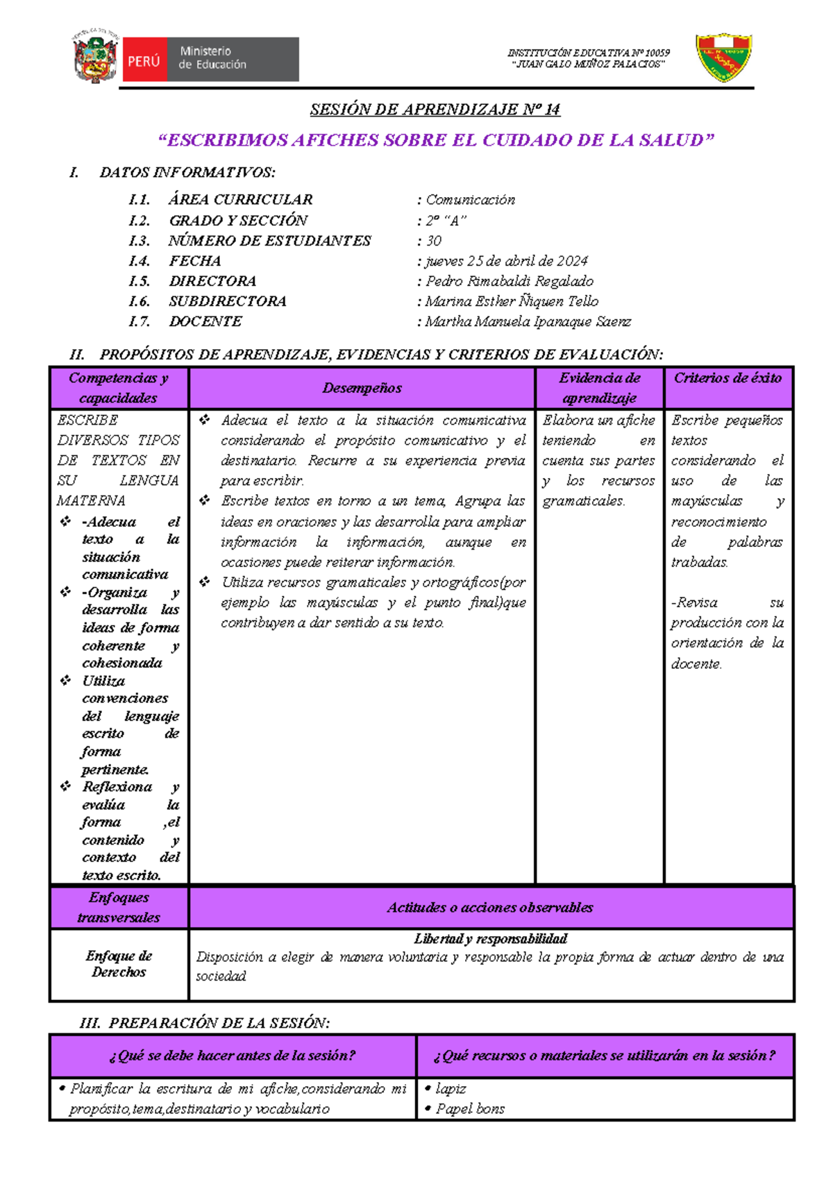 Sesion escribimos un afiche completo - “JUAN GALO MUÑOZ PALACIOS” SESIÓN DE APRENDIZAJE Nº 14 ...