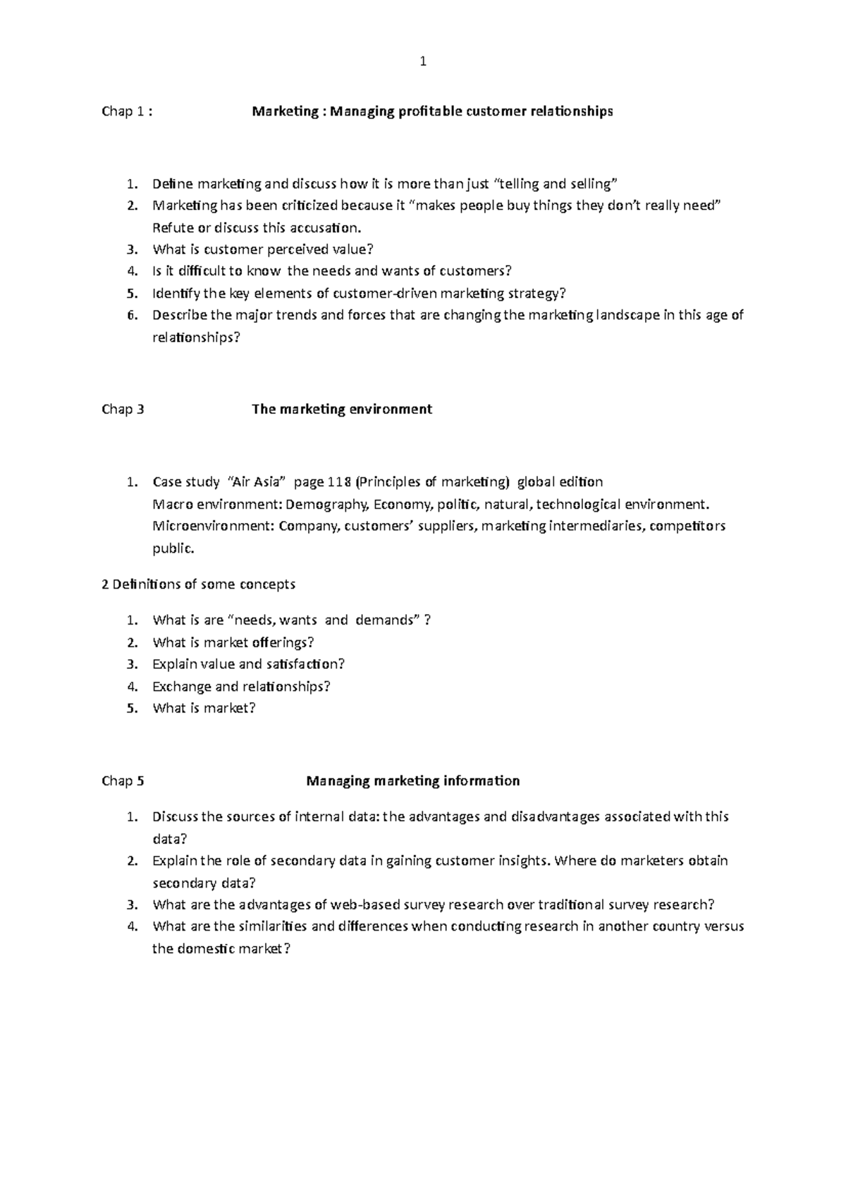 Exercises fundamentals of marketing - 1 Chap 1 : Marketing : Managing ...