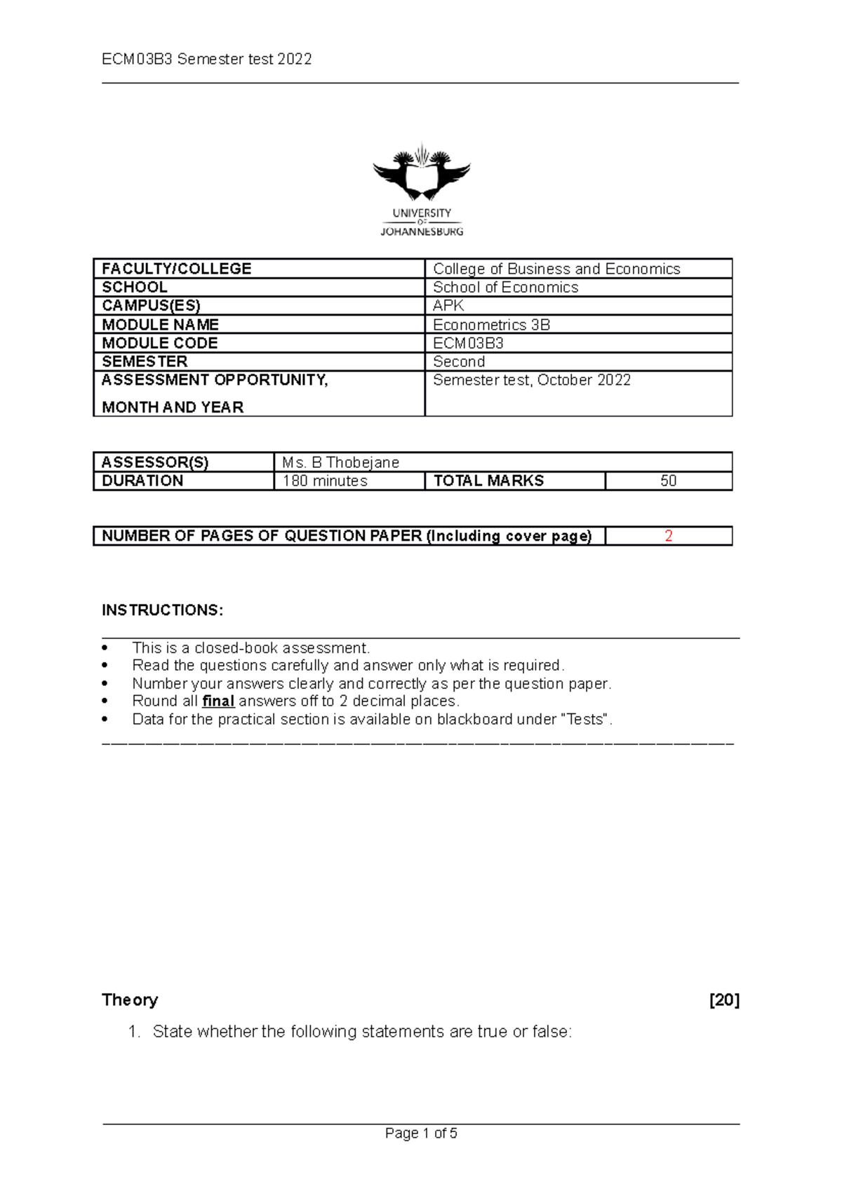 Semester Test 3 memo - pass - FACULTY/COLLEGE College of Business and ...