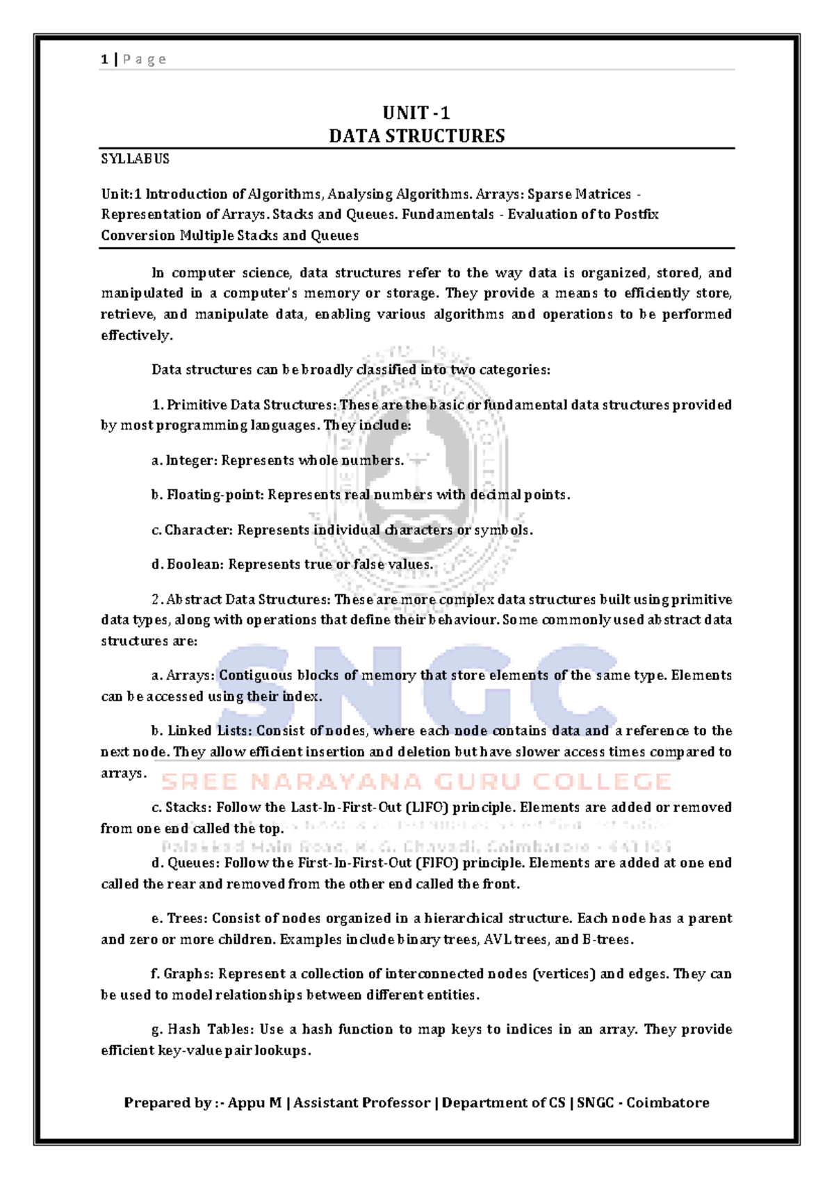 DS UNIT 1 - online - UNIT - DATA STRUCTURES SYLLABUS Unit:1 ...