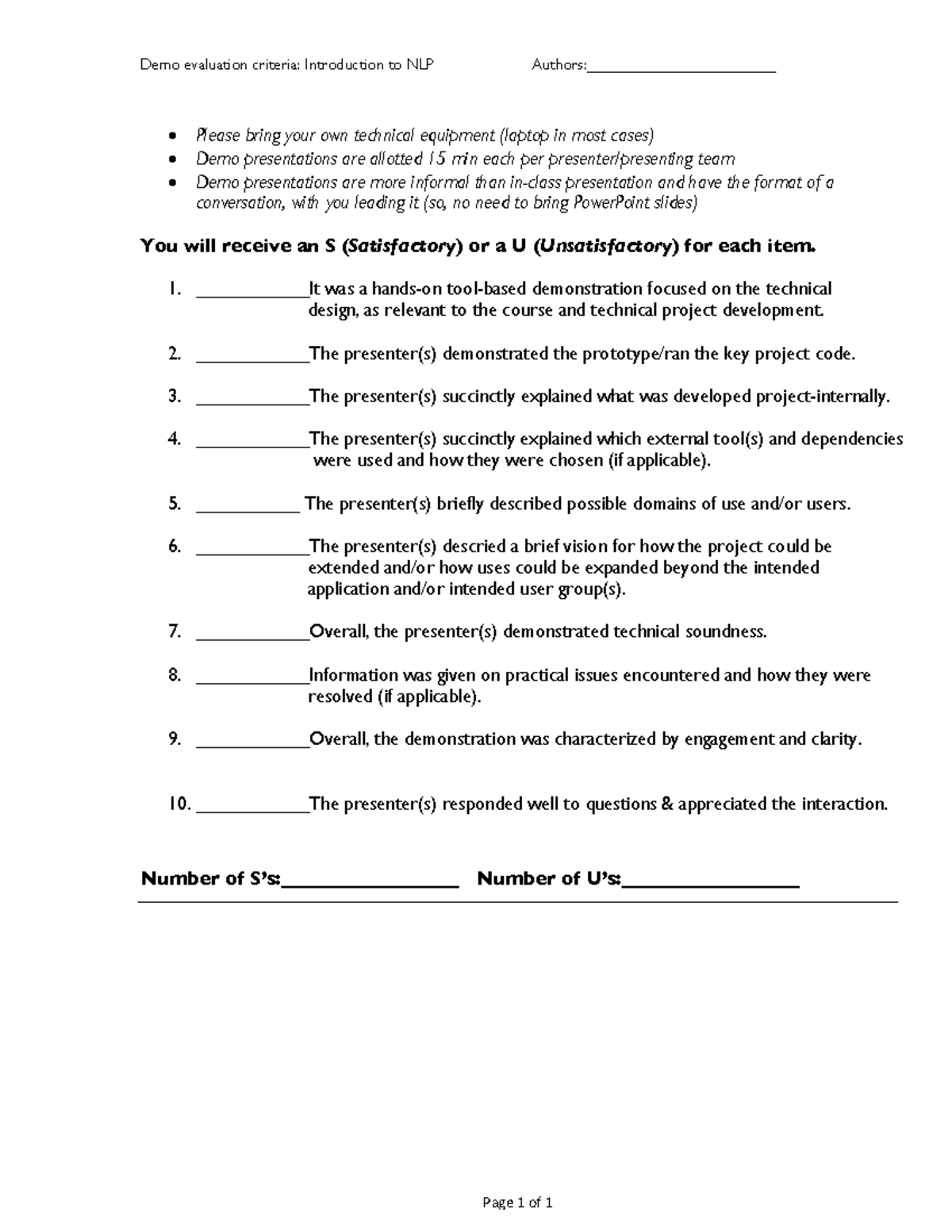 Demo Criteria-Intro 2NLP - Demo evaluation criteria: Introduction to ...