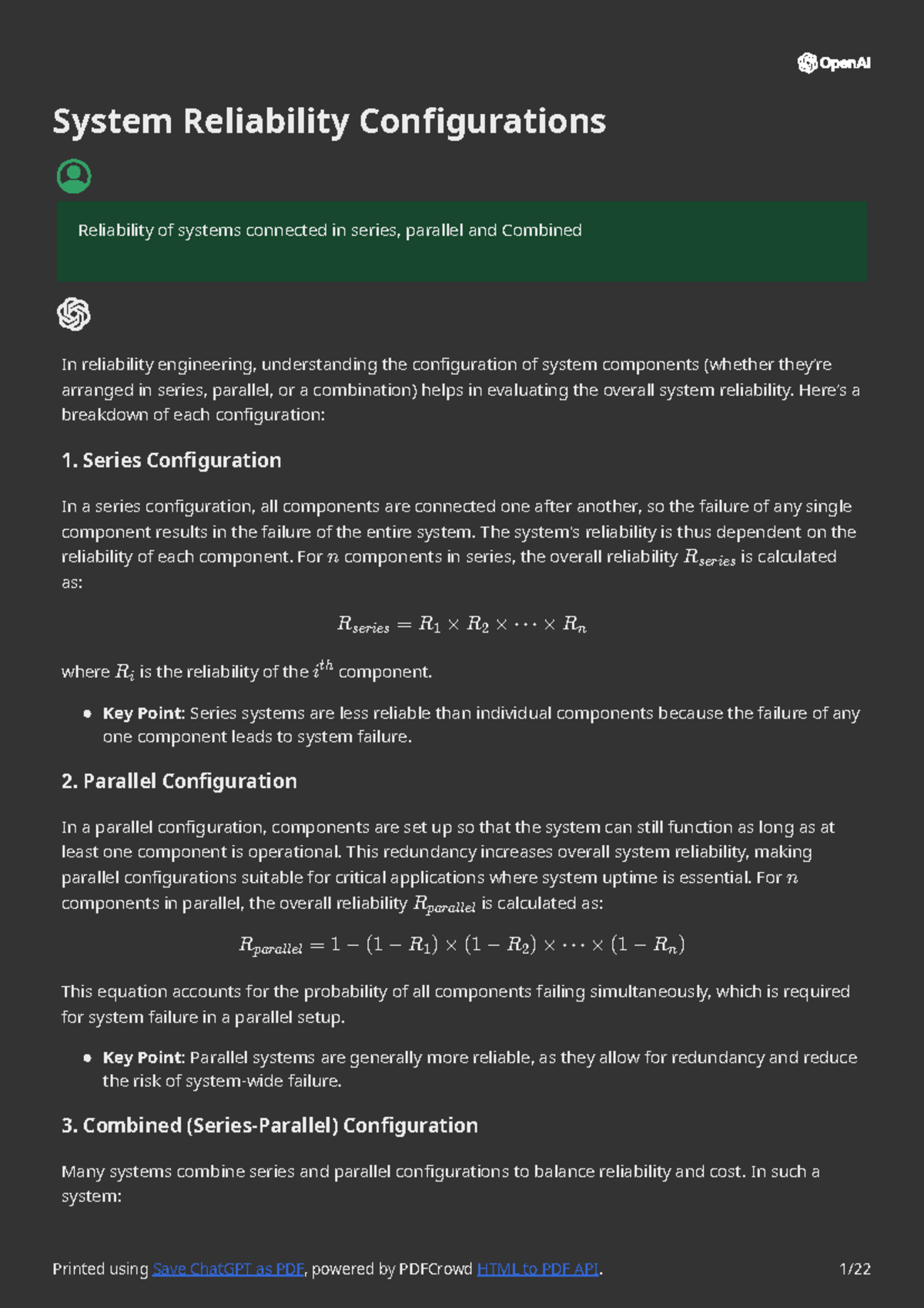 System Reliability Configurations - Here’s a breakdown of each configuration: 1. Series - Studocu