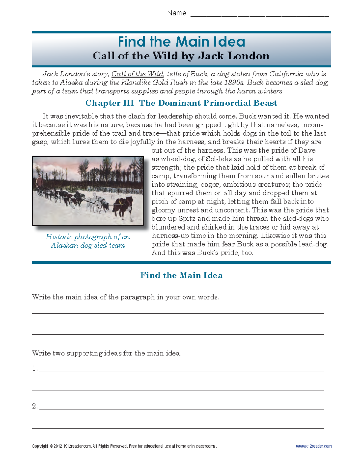 Call of wild main idea - An exercise and the answer - Copyright © 2012 ...