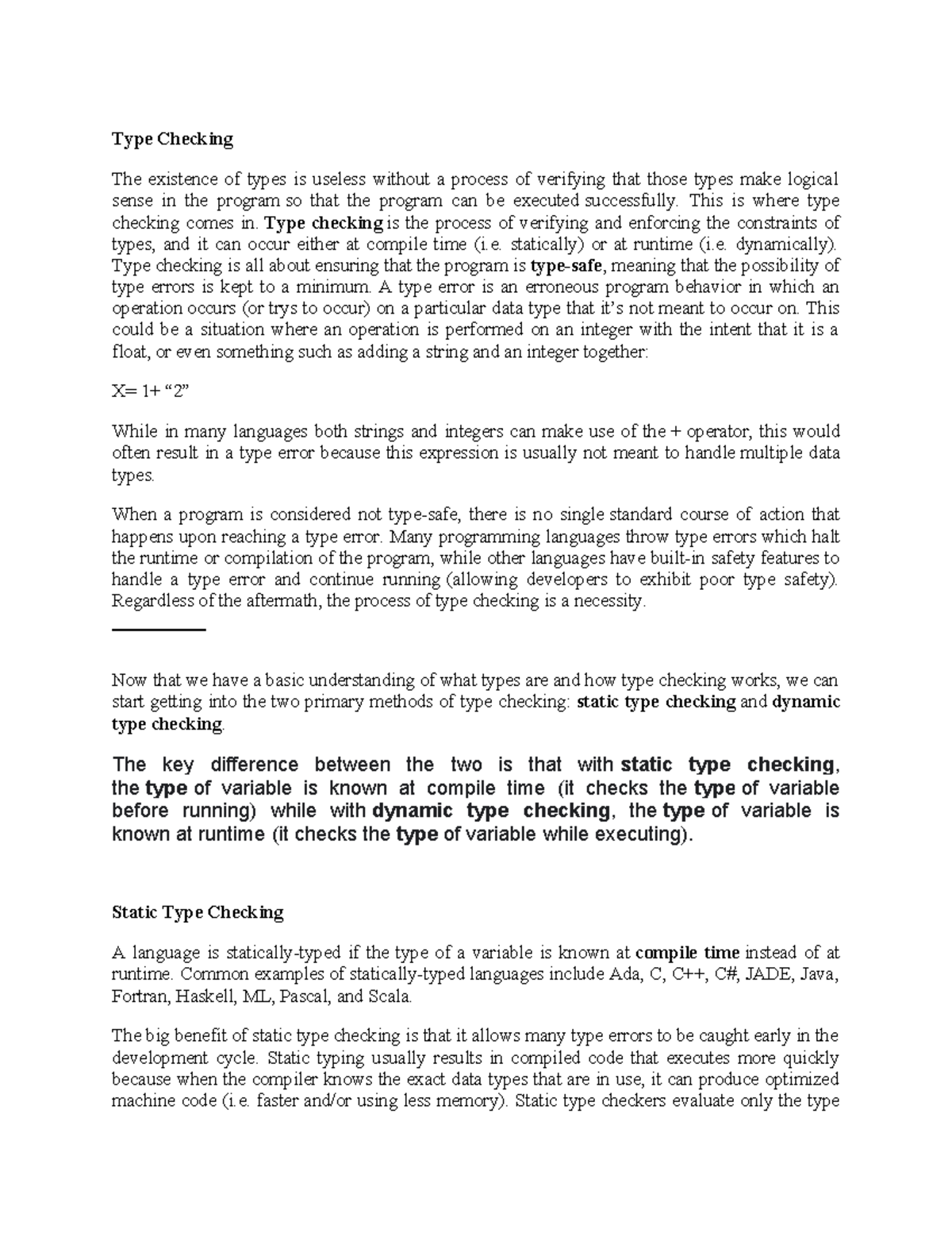 Static and dynamic Type Checking - Type Checking The existence of types is useless without a ...