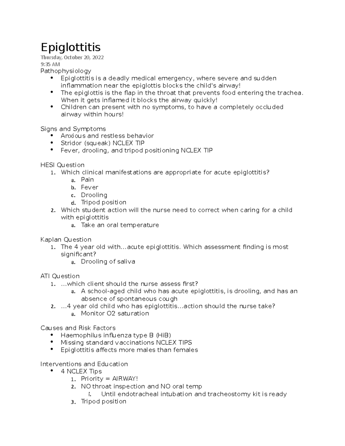 Peds - E2 - Material - Epiglottitis Thursday, October 20, 2022 9:35 AM ...