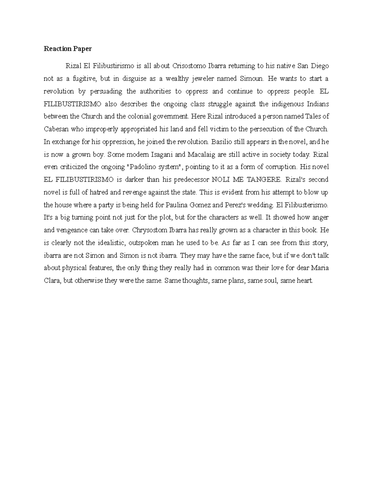 Reaction paper - Reaction Paper Rizal El Filibustirismo is all about ...