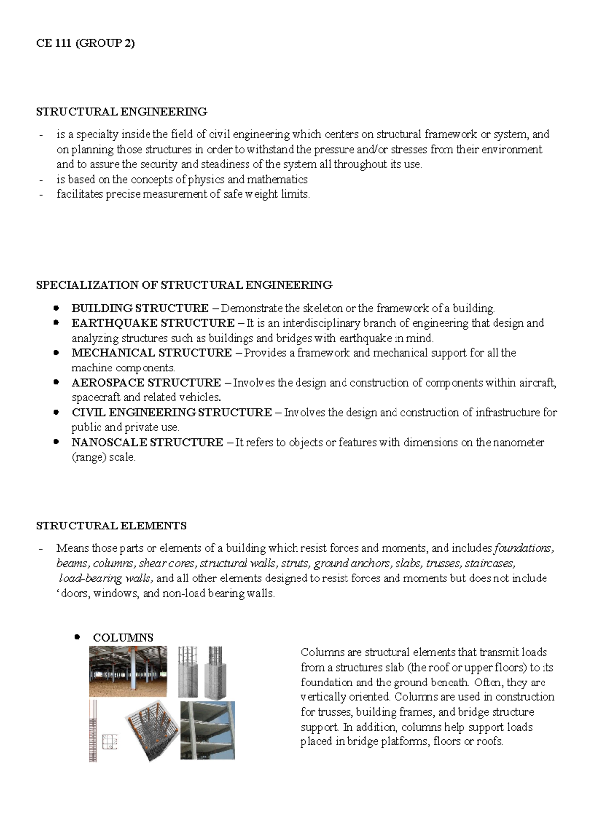 CE 111(group 2) - reviewer - CE 111 (GROUP 2) STRUCTURAL ENGINEERING is ...