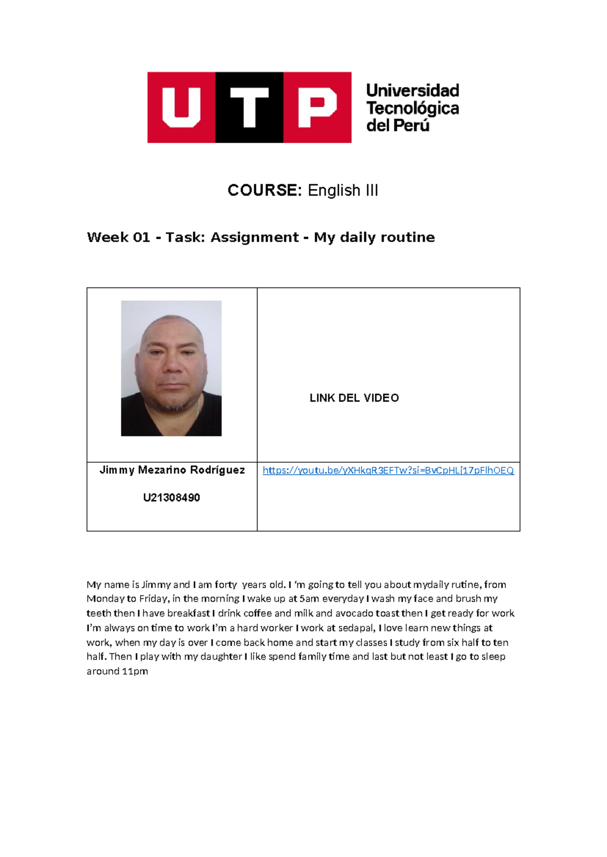 Week 01 Task Assignment My Daily Routine Course English Iii Week 01 Task Assignment My