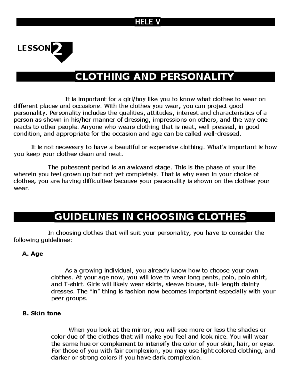 HELE V - hele - HELE V LESSON CLOTHING AND PERSONALITY It is important ...