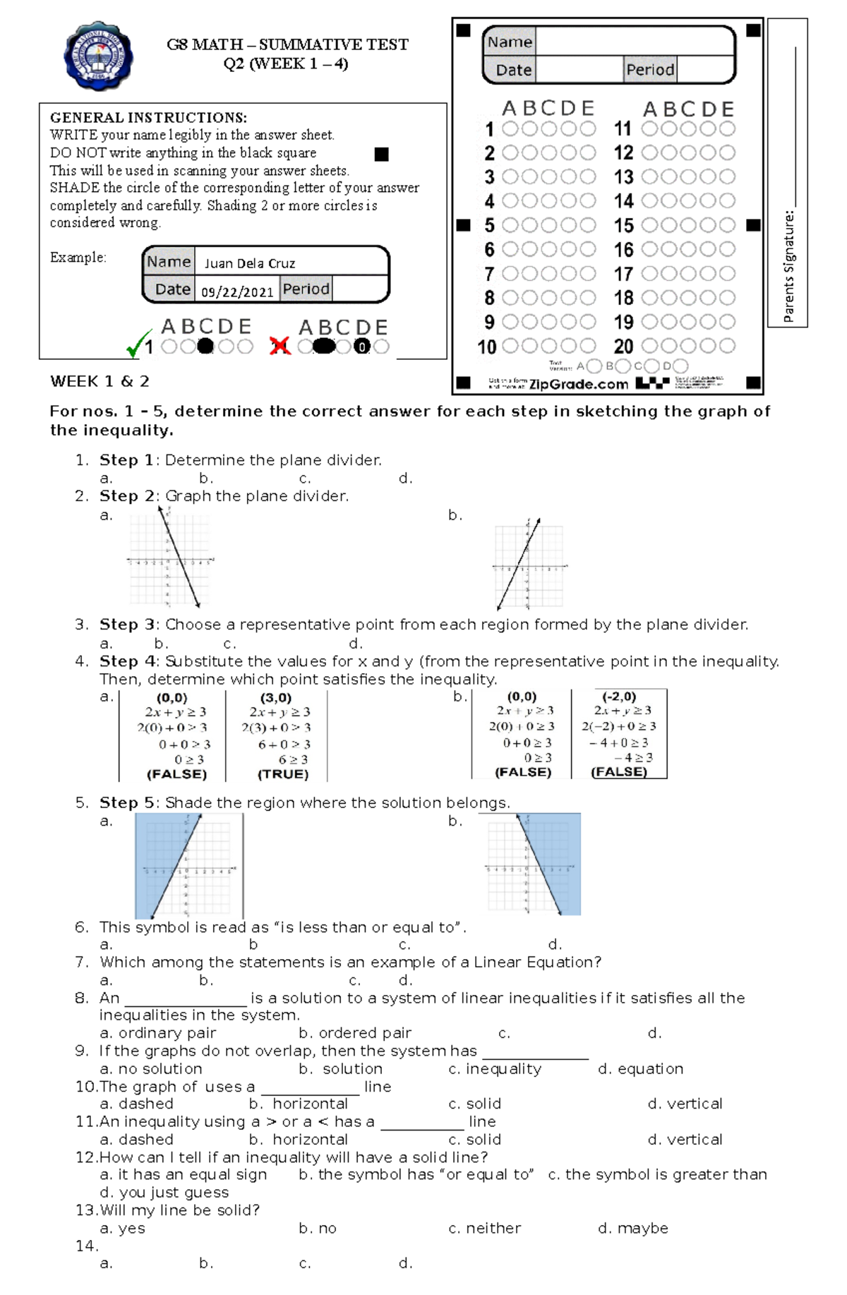 G8 Summative Q2 W1W4 - WEEK 1 & 2 For nos. 1 – 5, determine the correct ...