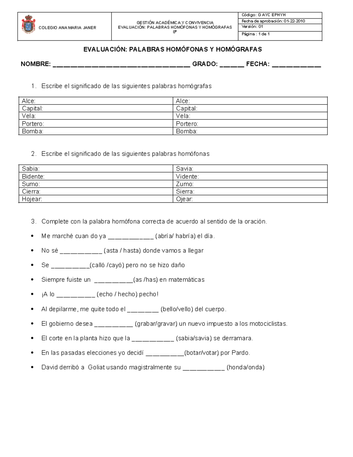 Evaluacion Palabras Homofonas Y Homograf - COLEGIO ANA MARIA JANER ...