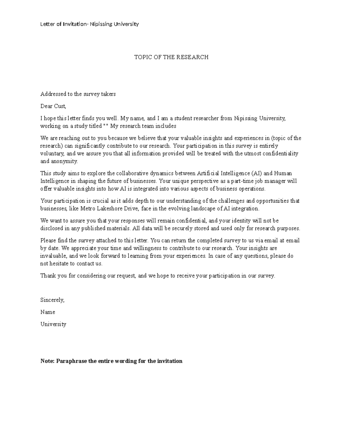 Practice material - Letter of Invitation- Nipissing University TOPIC OF ...