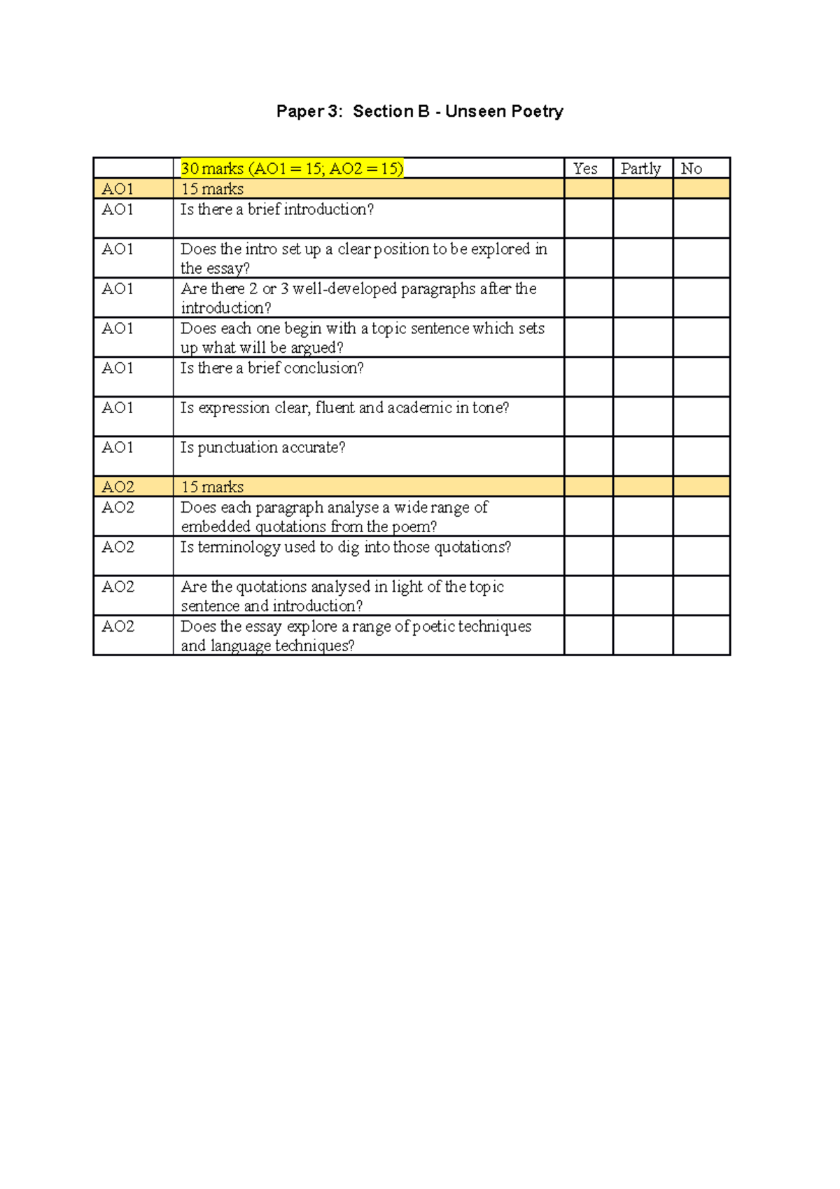 8. Unseen Poetry self-assessment grid - Paper 3: Section B - Unseen ...