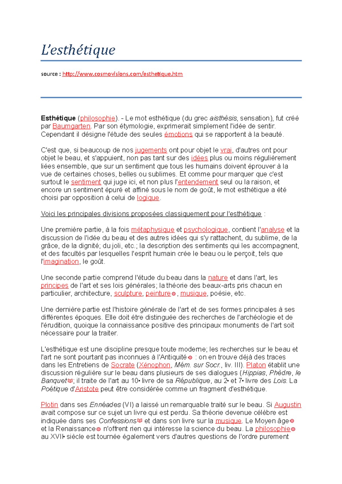 Fiche - L'ésthétique, définition - L’esthétique source : cosmovisions ...