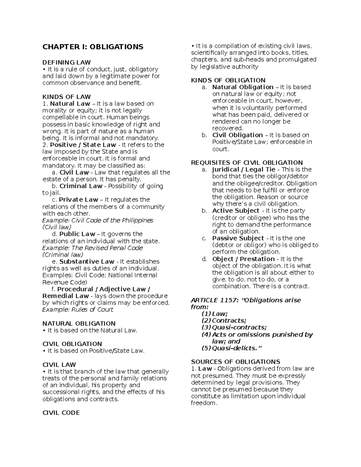 Reviewer IN Oblicon - dc8youb - CHAPTER I: OBLIGATIONS DEFINING LAW It ...