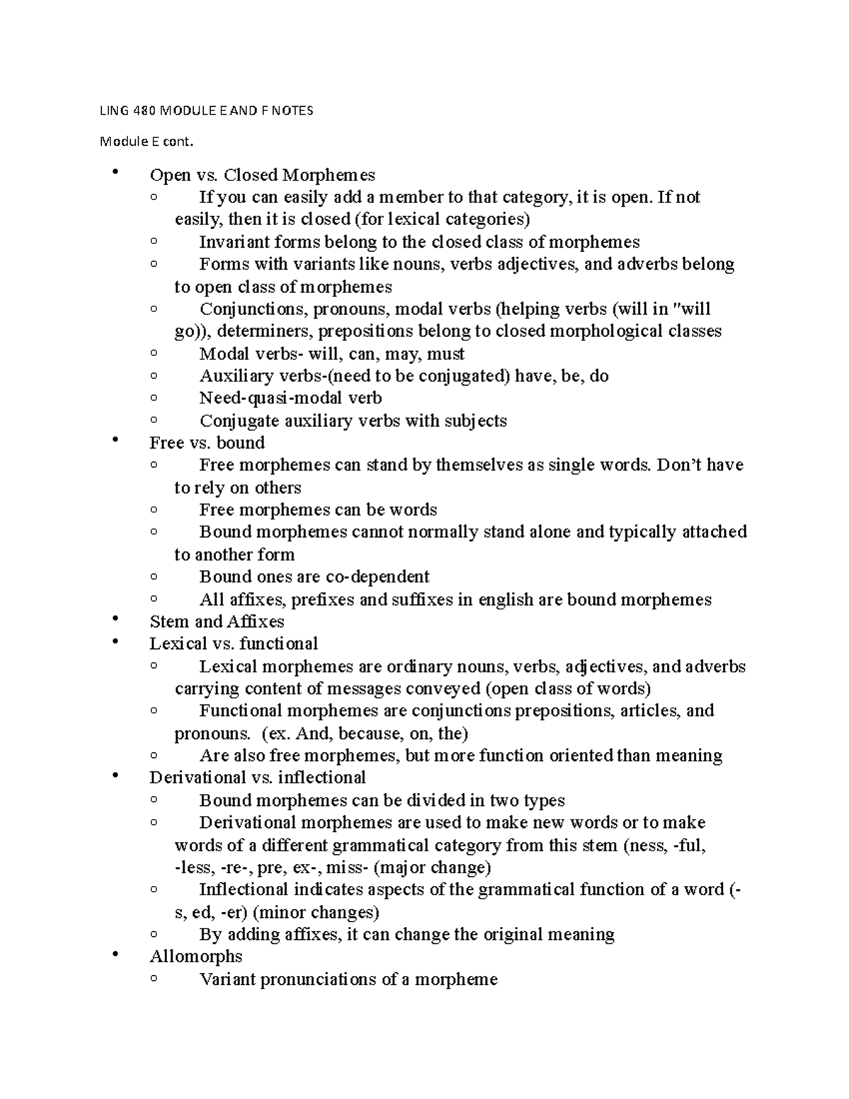 LING 480 Morphology and Syntax 1 - LING 480 MODULE E AND F NOTES Module ...