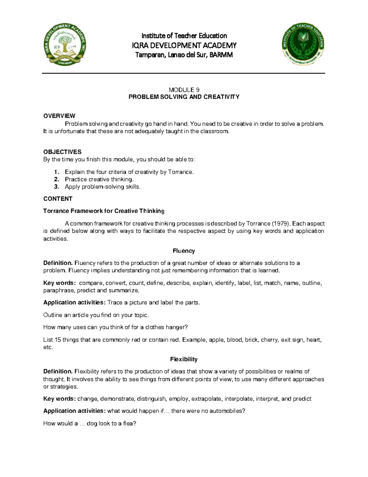 Facilitating Module 9 Problem Solving AND Creativity - Institute of ...