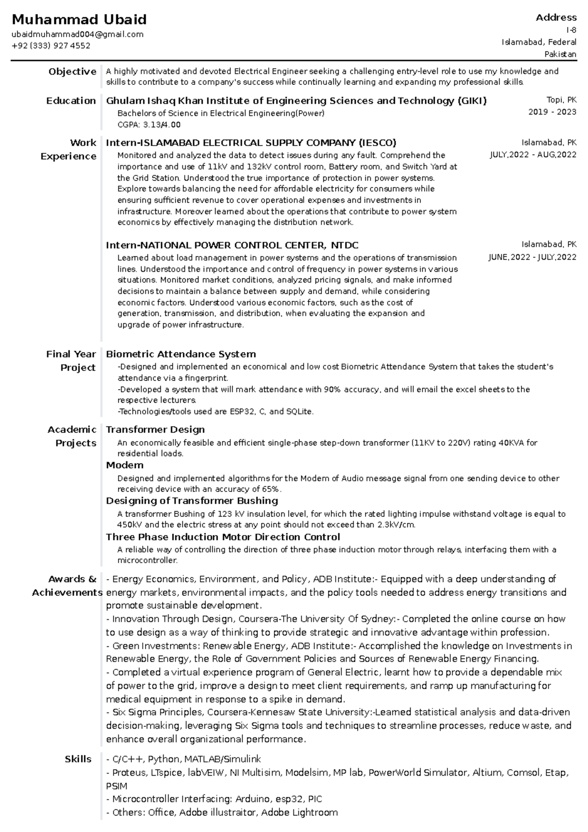 Muhammad Ubaid CV - asd - English - CUI - Studocu