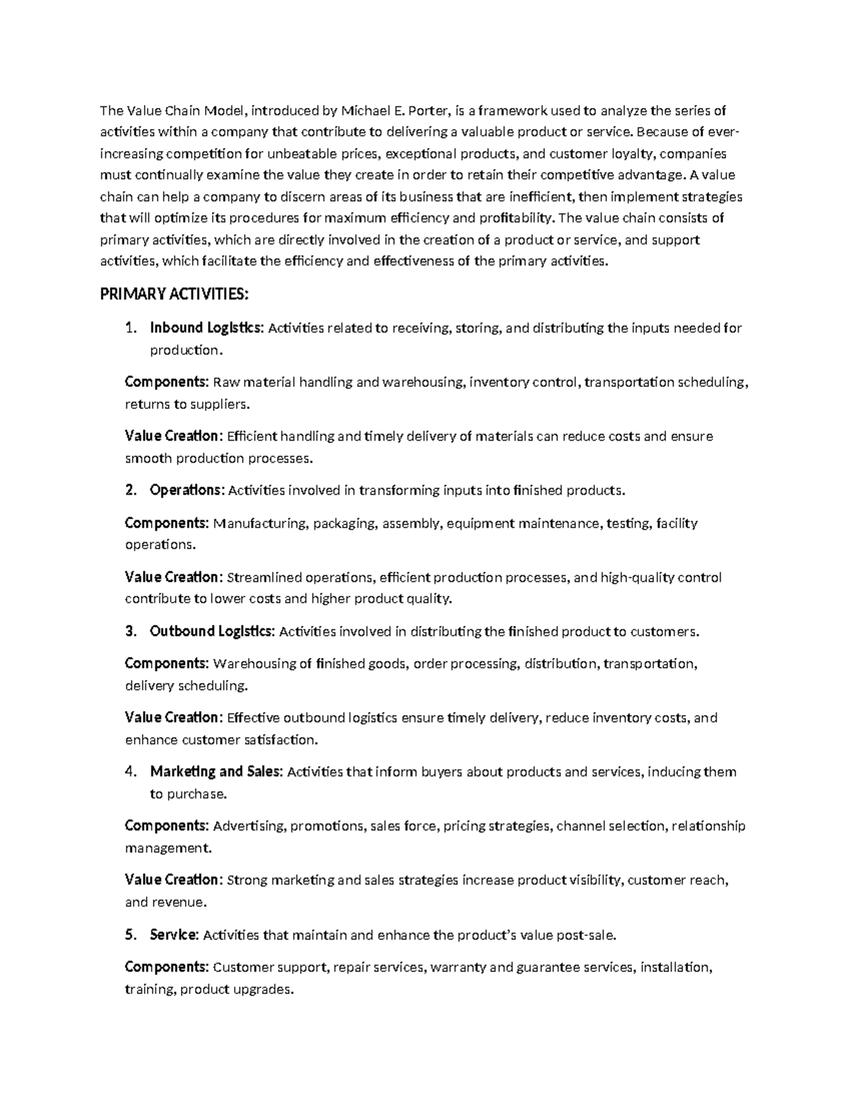 Value Chain Model - Porter, is a framework used to analyze the series ...