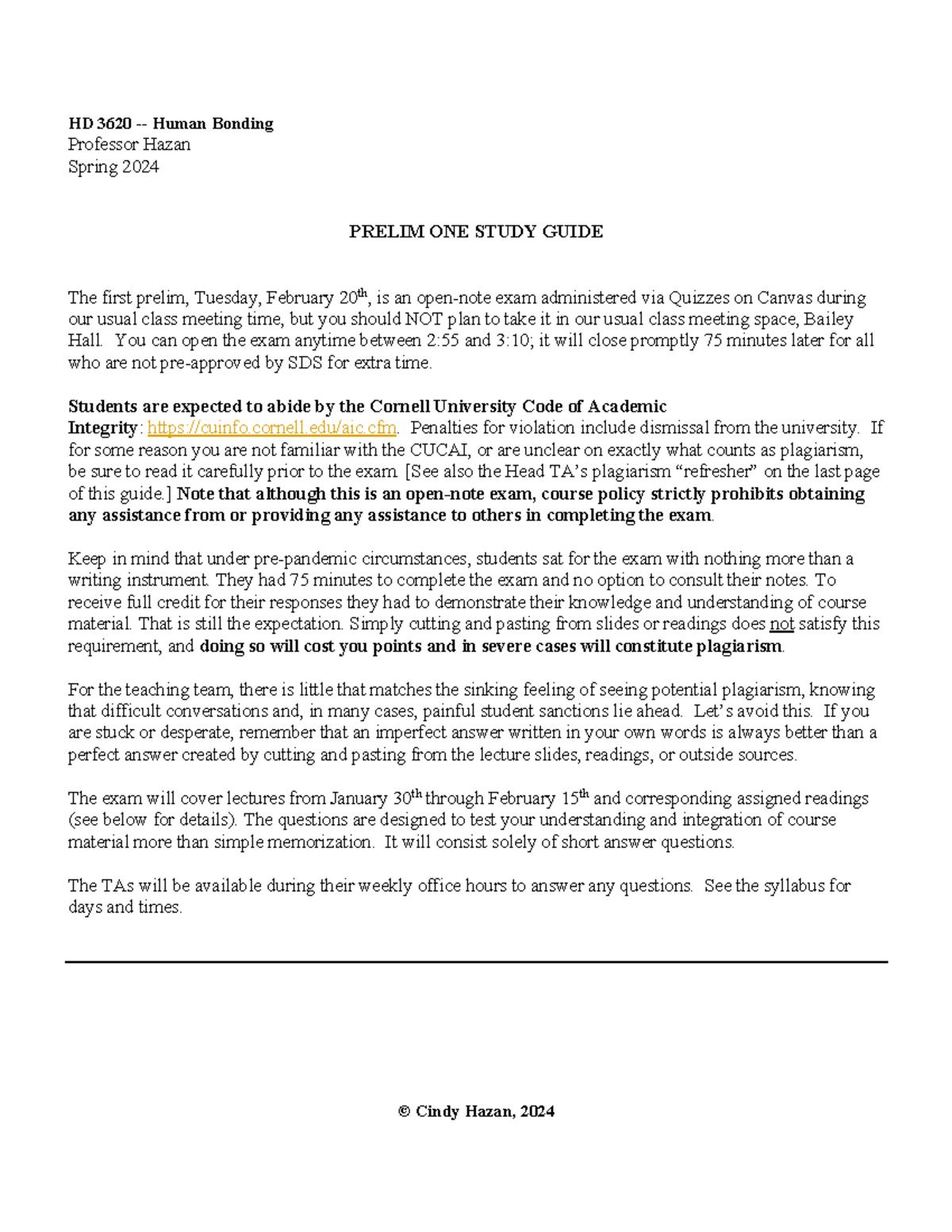 HB24 Study Guide - Prelim 1 - HD 362 0 - Human Bonding Professor Hazan ...