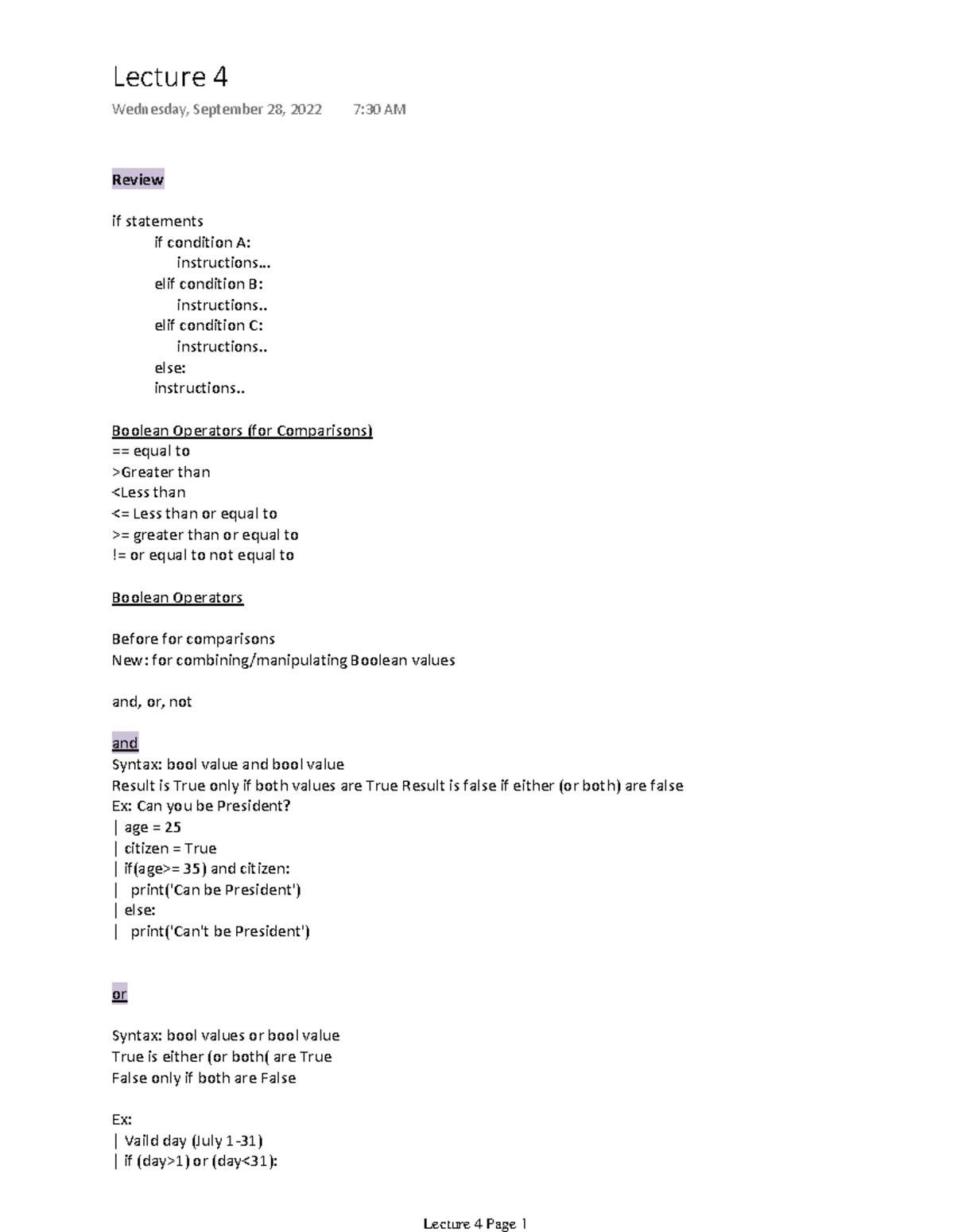 Lecture 4- If Statements - Review if statements if condition A ...