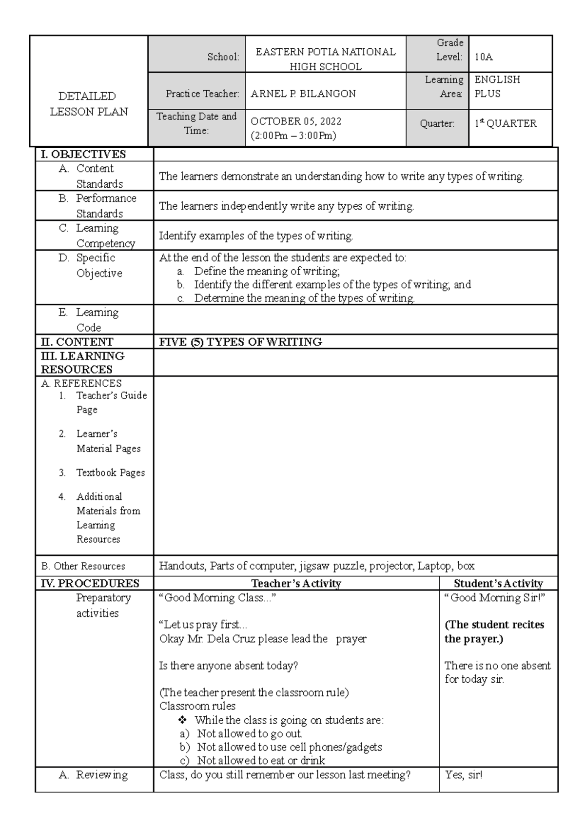 DLP 5 Types OF Writing - Marisole Deguzman - DETAILED LESSON PLAN ...