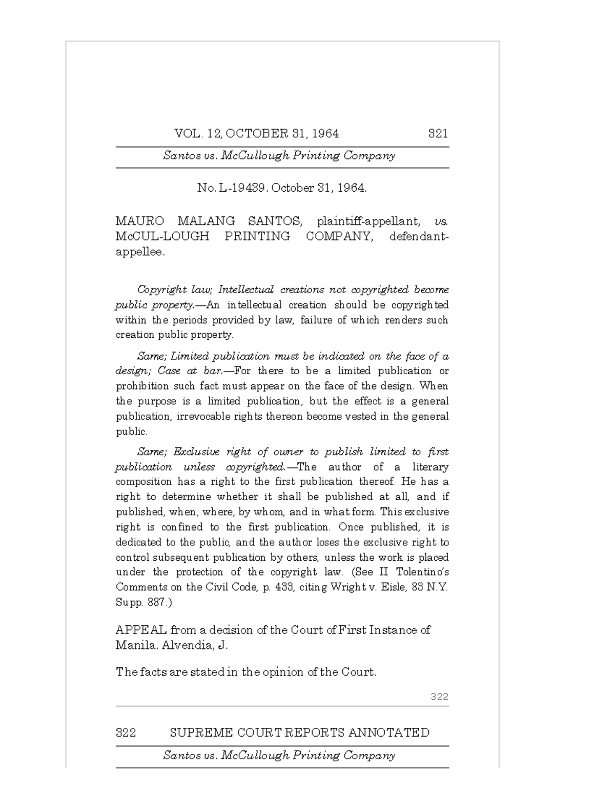 1 Santos v. Mc Cullough Printing Company, 12 SCRA 324 - VOL. 12 ...