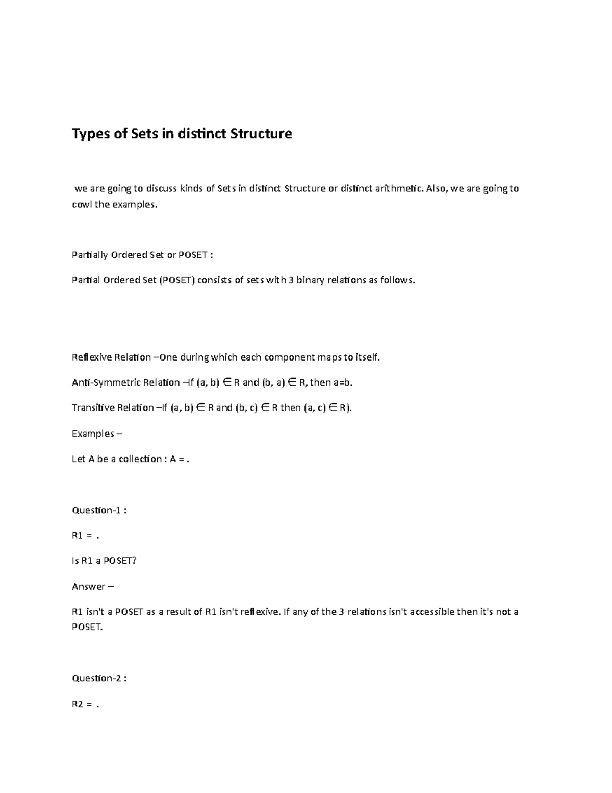 Types Of Sets In Distinct Structure Also We Are Going To Cowl The