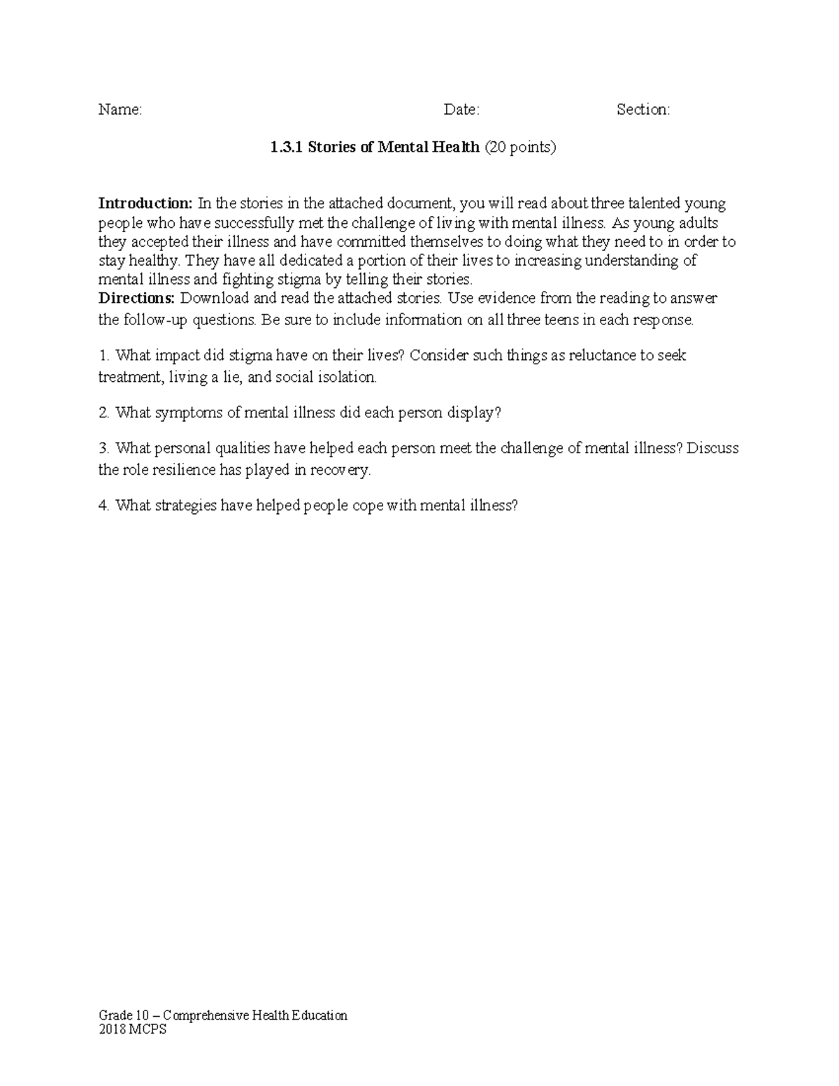 You know the title - Name: Date: Section: 1.3 Stories of Mental Health ...