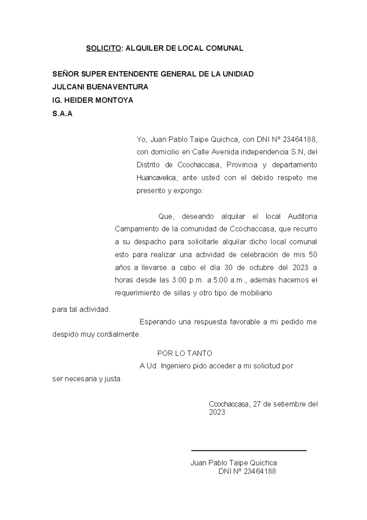 339701159 Alquiler de Local Comunal - SOLICITO: ALQUILER DE LOCAL COMUNAL SEÑOR SUPER ENTENDENTE ...