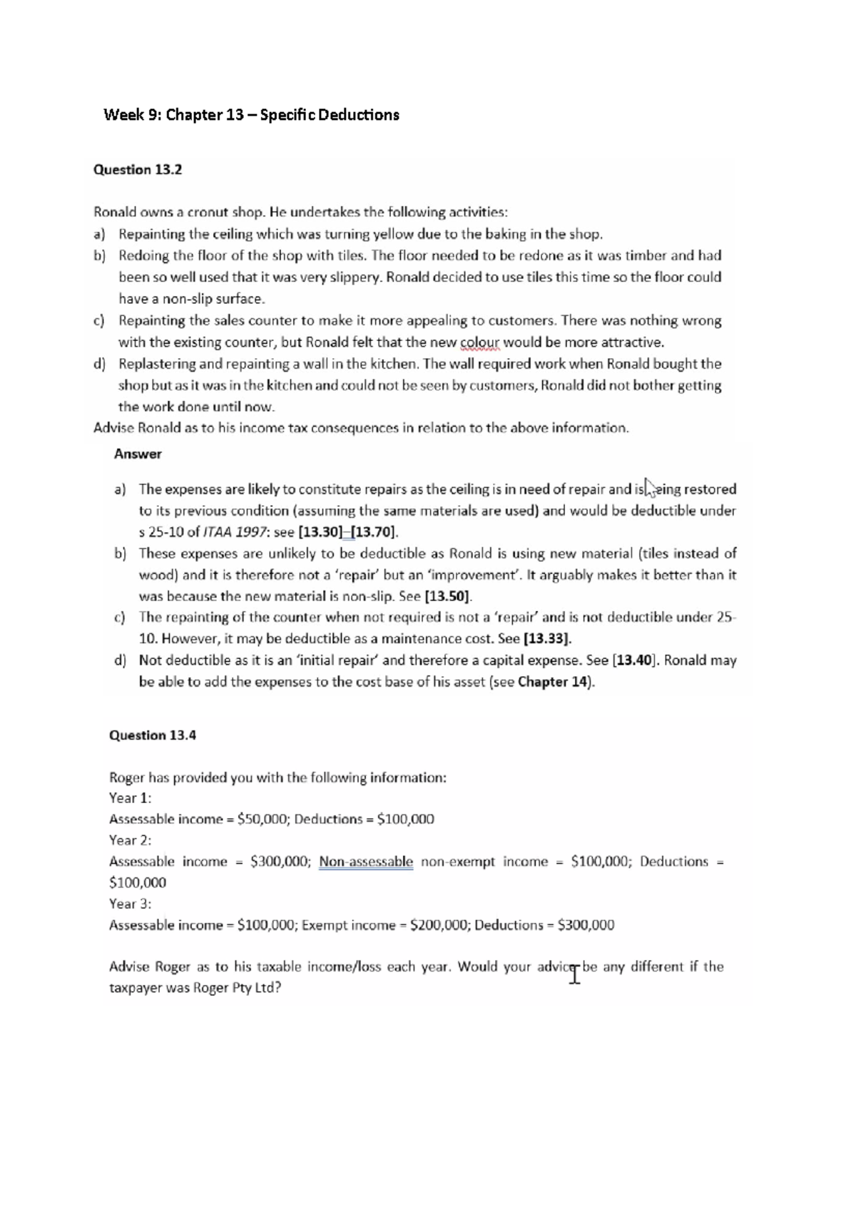 Week 9 tutorial - 200187 - Week 9: Chapter 13 – Specific Deductions - Studocu
