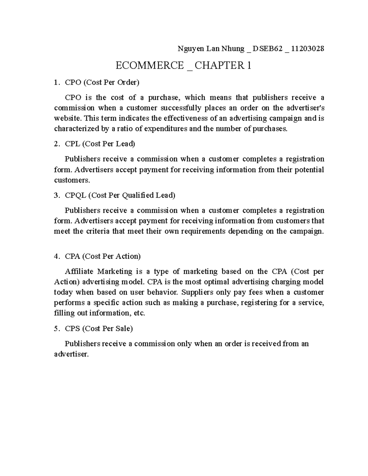 Chap1 - this is note - Nguyen Lan Nhung _ DSEB62 _ 11203028 ECOMMERCE _ CHAPTER 1 CPO (Cost Per ...