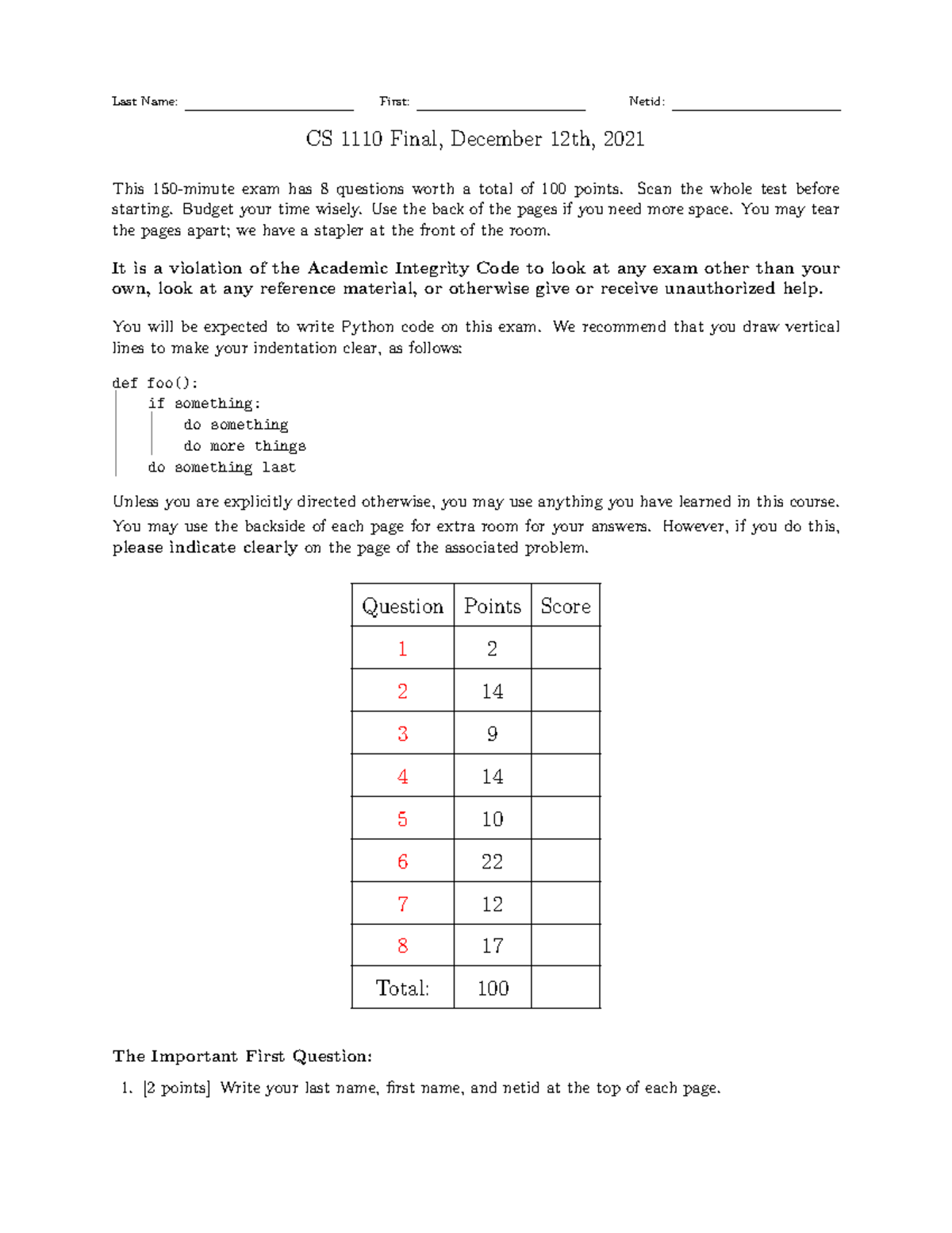 2021 fall final answers - CS 1110 Final, December 12th, 2021 This 150 ...