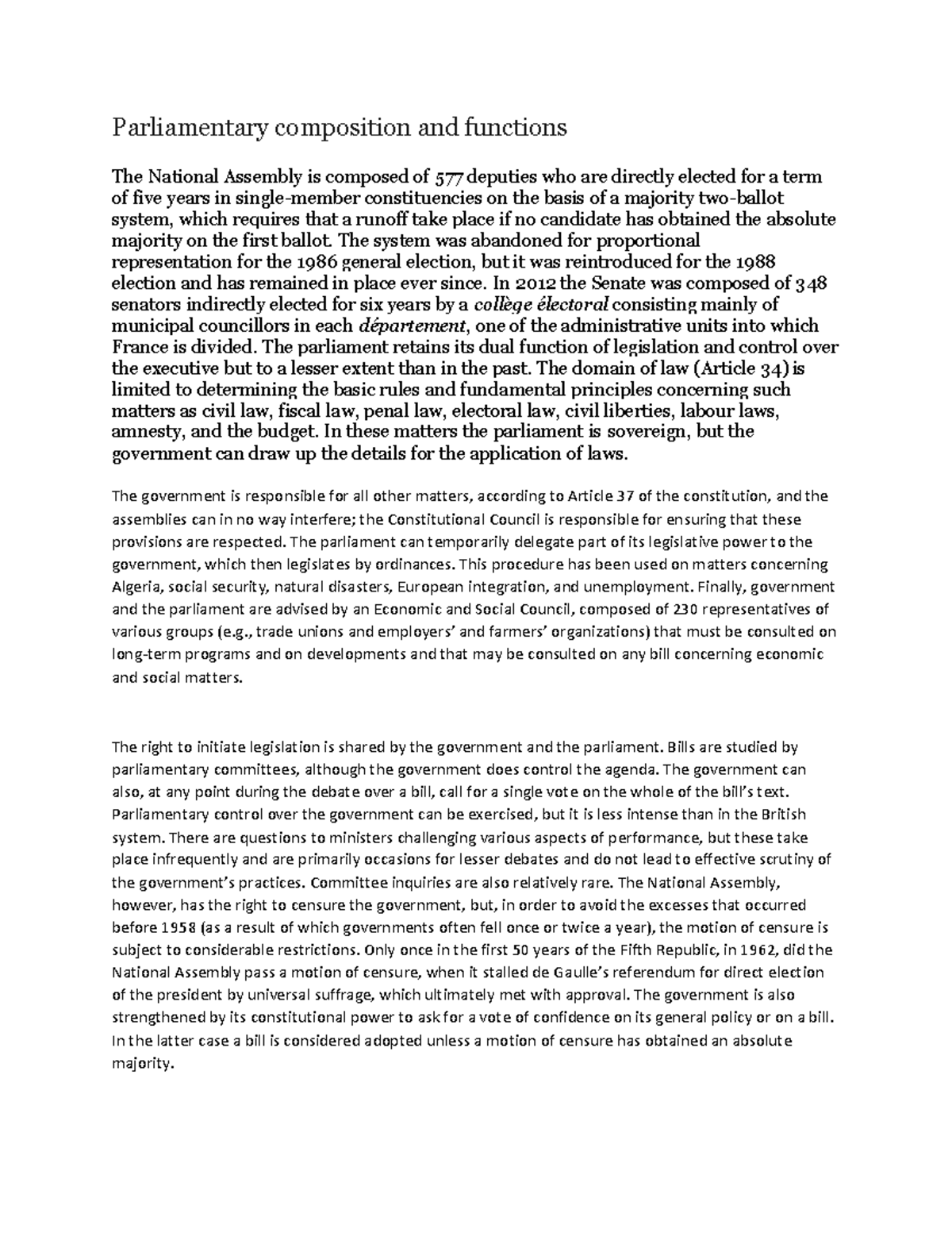 Polity notes - Parliamentary composition and functions The National ...