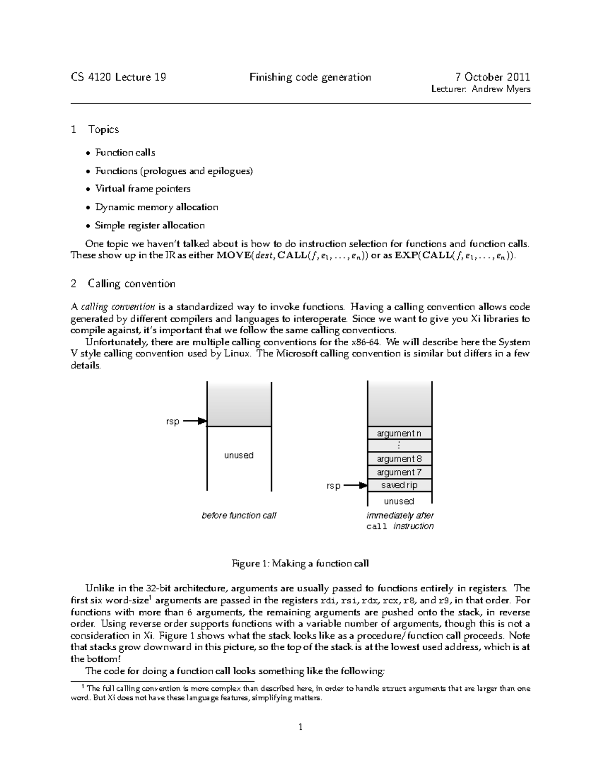Lecture Notes Lecture 19 Cs 4120 Lecture 19 Finishing Code Generation 7 October 2011 Lecturer 