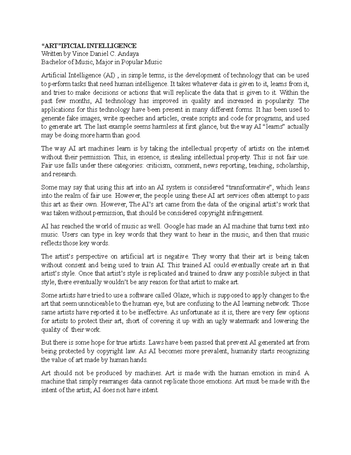 Column 3 Andaya Vince - “ART”IFICIAL INTELLIGENCE Written by Vince ...